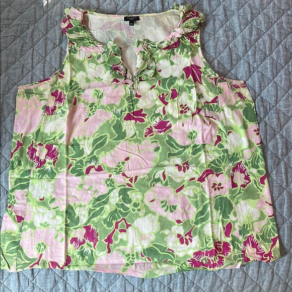 Talbots | Tops | Talbots Floral Ruffle Tank Top Green And Pink | Poshmark